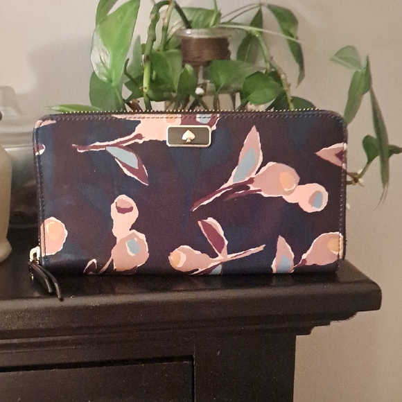 kate spade | Bags | Kate Spade Floral Wallet Black Pink And Deep Blue ...